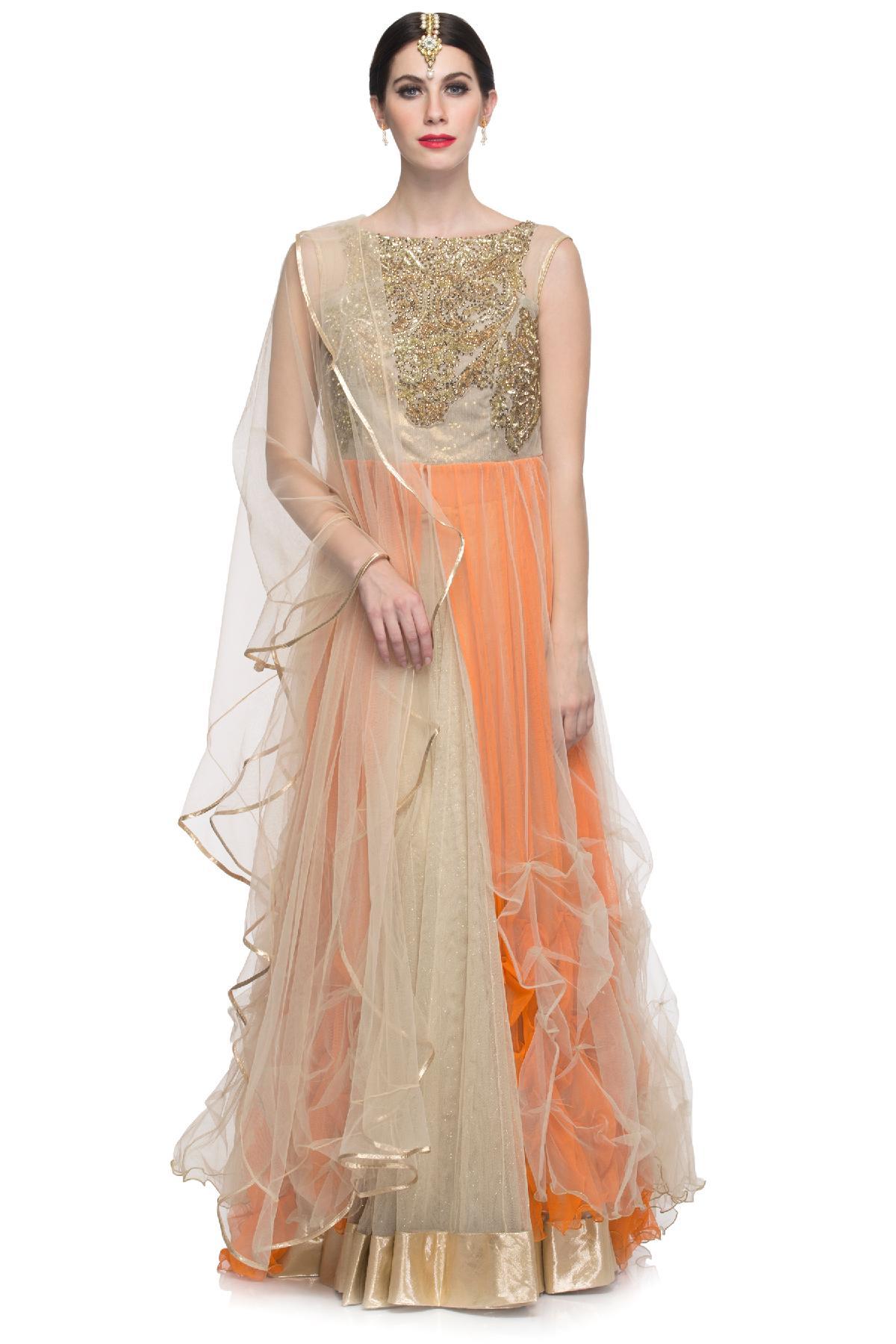Orange & Beige Lehenga Set by JAINEE for rent online | FLYROBE