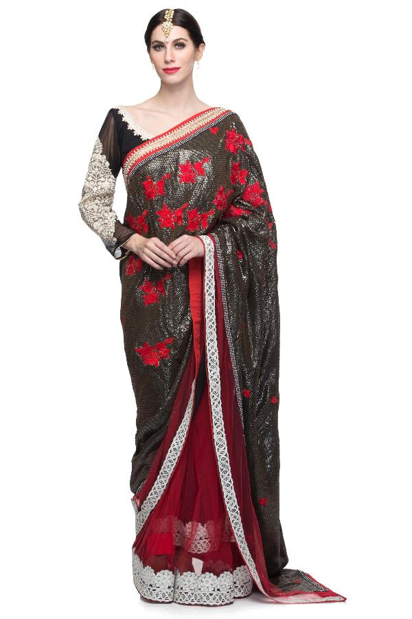 Black Red & Black Saree by JAINEE for rent online | FLYROBE