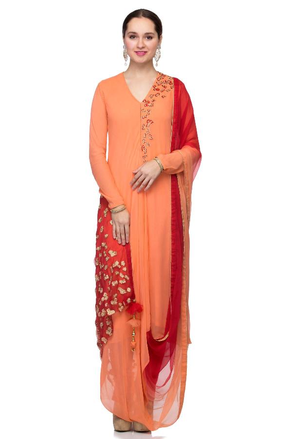 Peach & Red Attached Dupatta Suit by Anshul Mathur for rent online ... Peach & Red Attached Dupatta Suit by Anshul Mathur for rent online ...