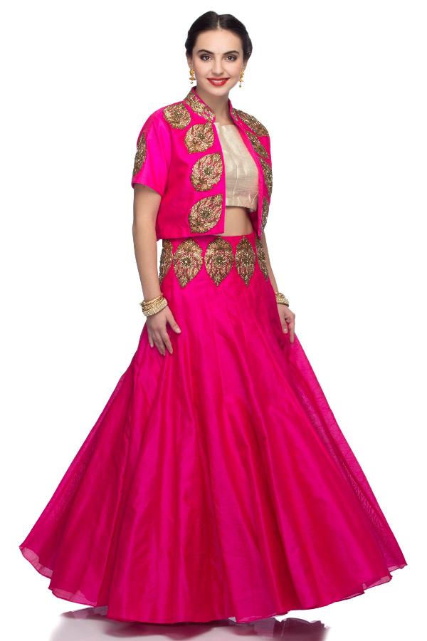 Fuchsia Fuchsia Skirt with Golden Crop Top and Fuchsia Embroidered ...