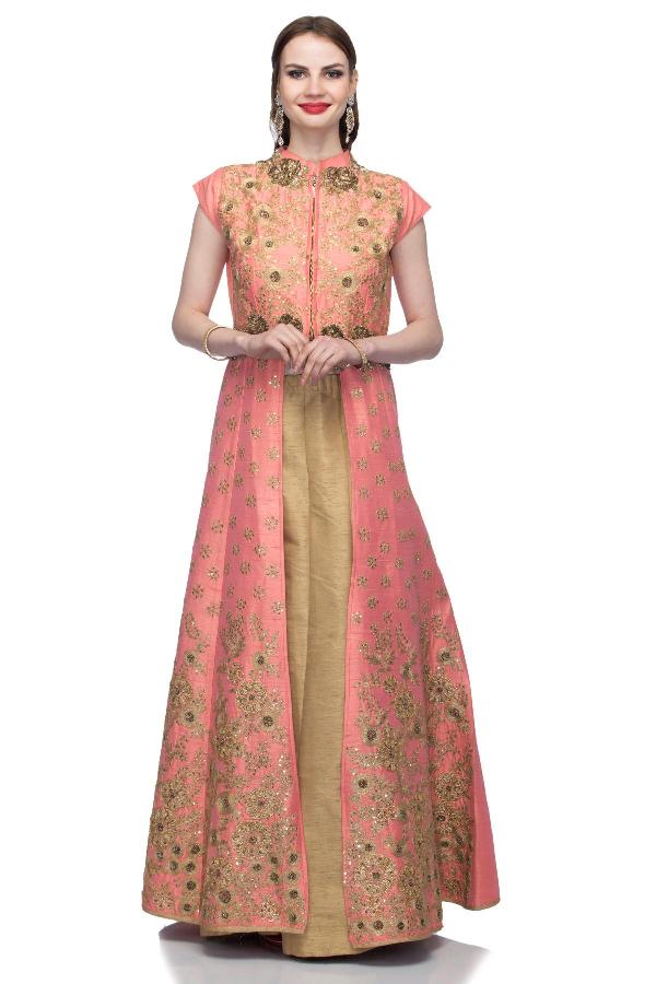 Peach & Golden Jacket Skirt by Violet by Preeti Singhal for rent online ...