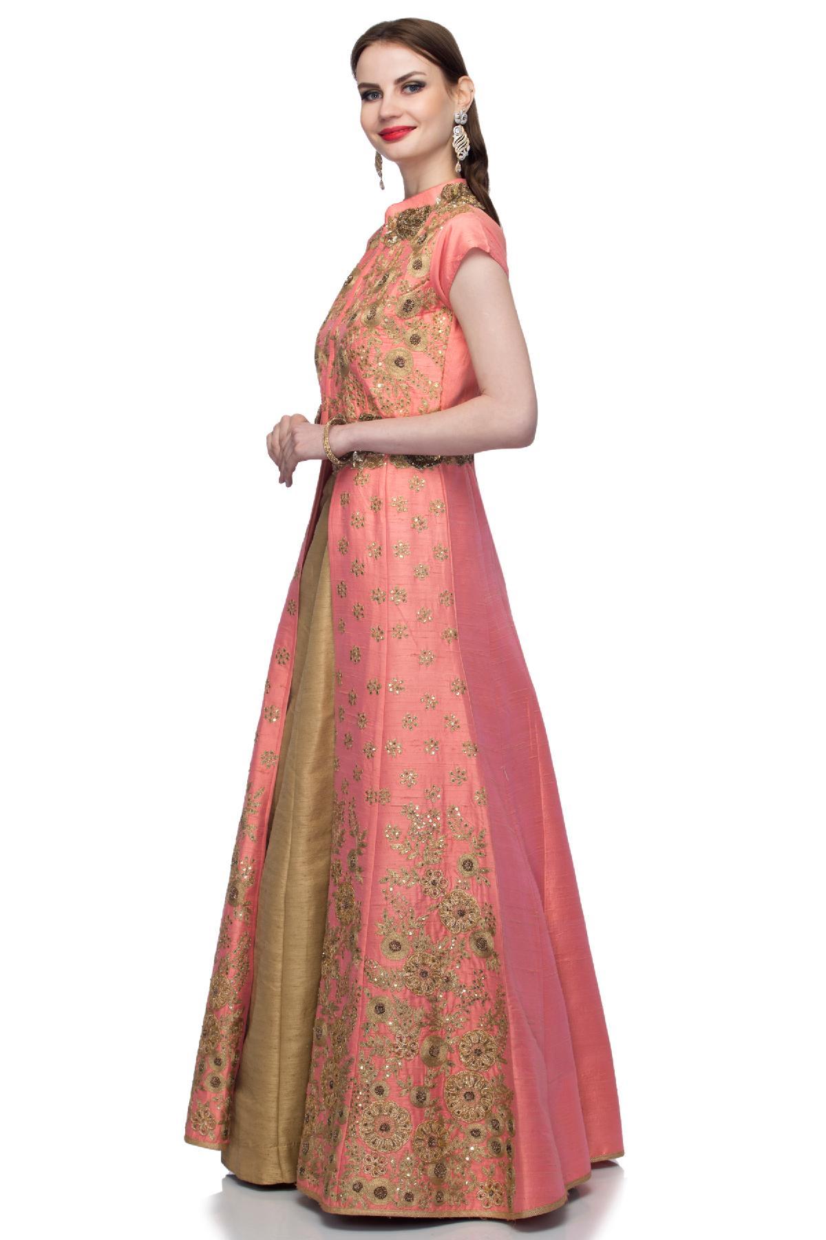 Peach & Golden Jacket Skirt by Violet by Preeti Singhal for rent online ...