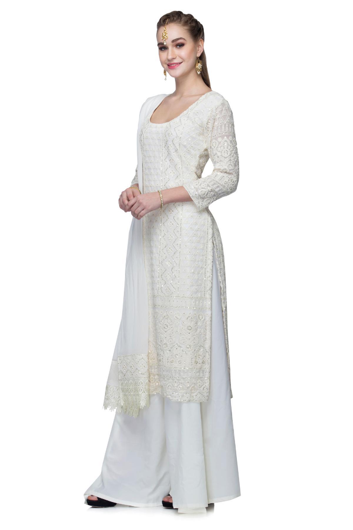 Ivory Ivory Chikenkaari Kurta with Sharara Set by Simran Walia for rent ...