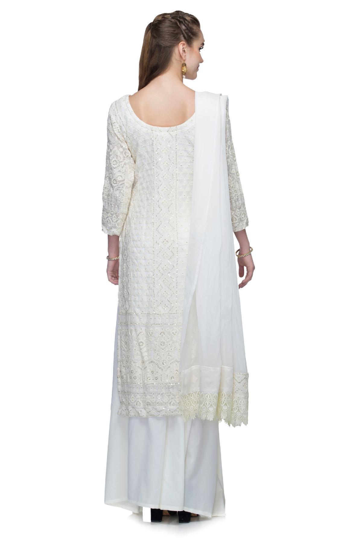 Ivory Ivory Chikenkaari Kurta with Sharara Set by Simran Walia for rent ...