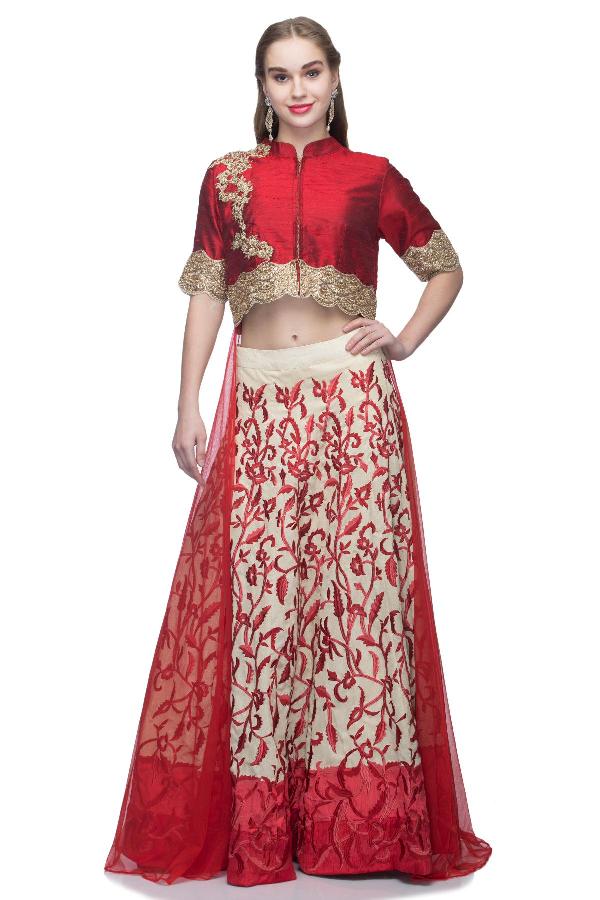 Red & White Tail Lehenga by Kaveri by Puneet Gaba for rent online | FLYROBE