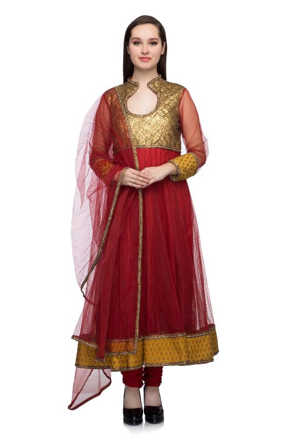 Red & Gold Red& Gold Anarkali by Portraits by Deepali Aurora for rent ...