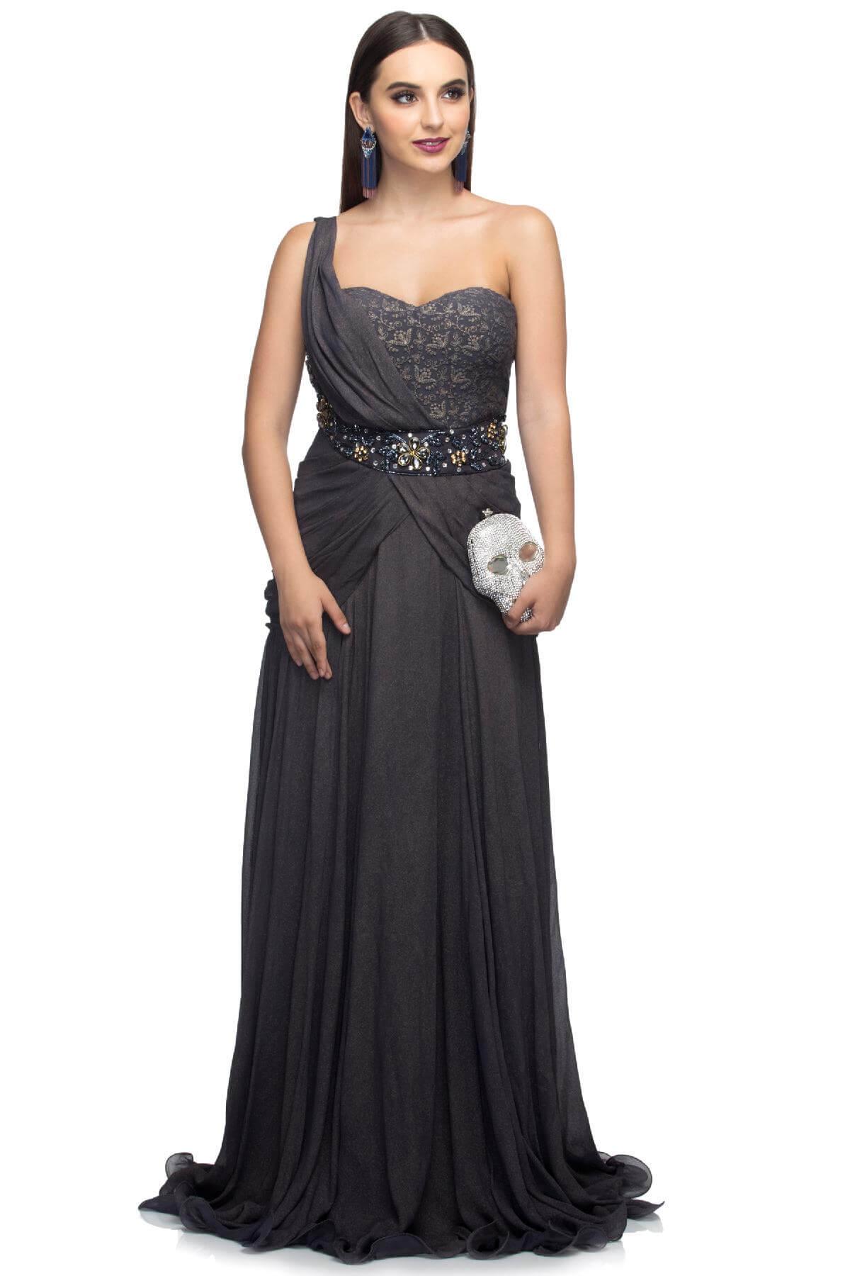 Graphite One Shoulder Cocktail Gown by Harneet Kaur for rent online | FLYROBE