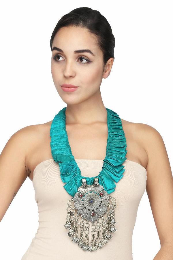 Green Ruffled Raw Silk Statement Neckpiece by Gold Dust for rent online ...