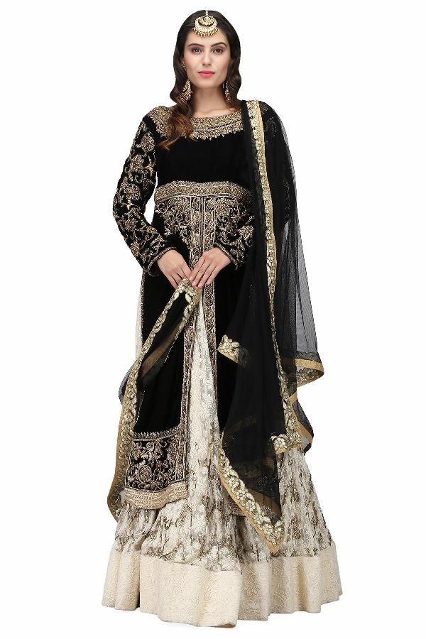 Black & Gold Lukhnowi & Velvet Lehenga by Violet by Preeti Singhal for ...