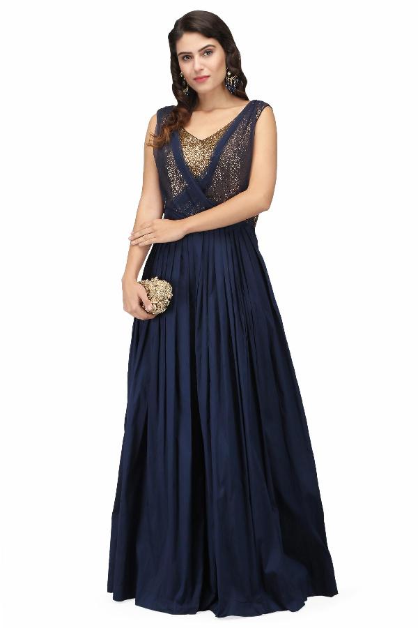 Space Blue & Dull Gold Constellation Gown by Violet by Preeti Singhal ...