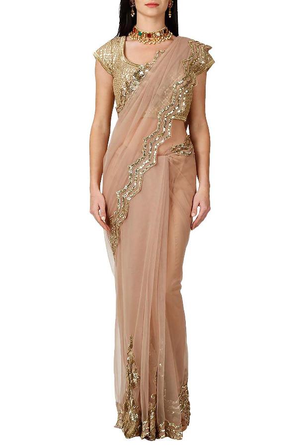 Beige & Gold Gold Net Saree by Rimple And Harpreet Narula for rent ...