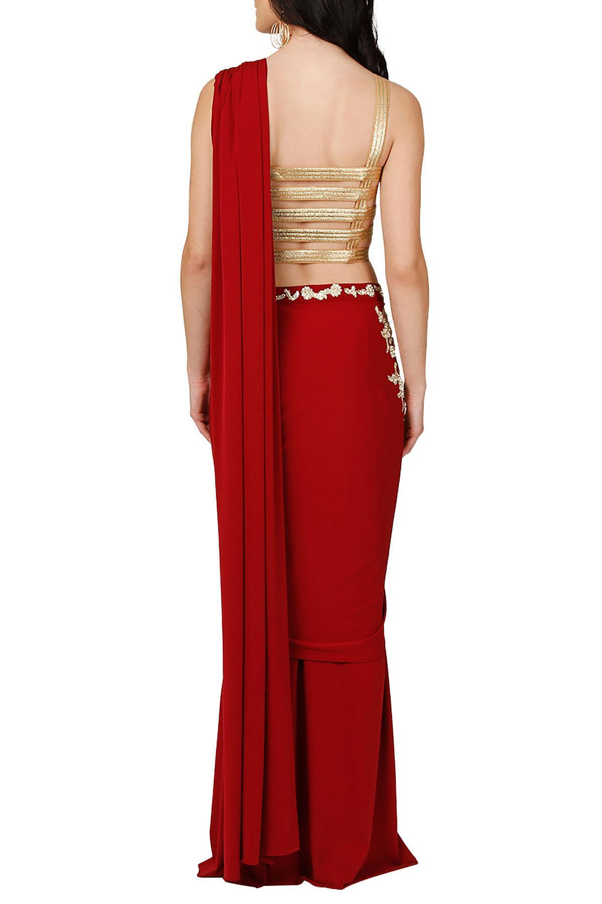 Maroon Maroon Draped Sari by CAROUSEL By Simran Arya for rent online ...
