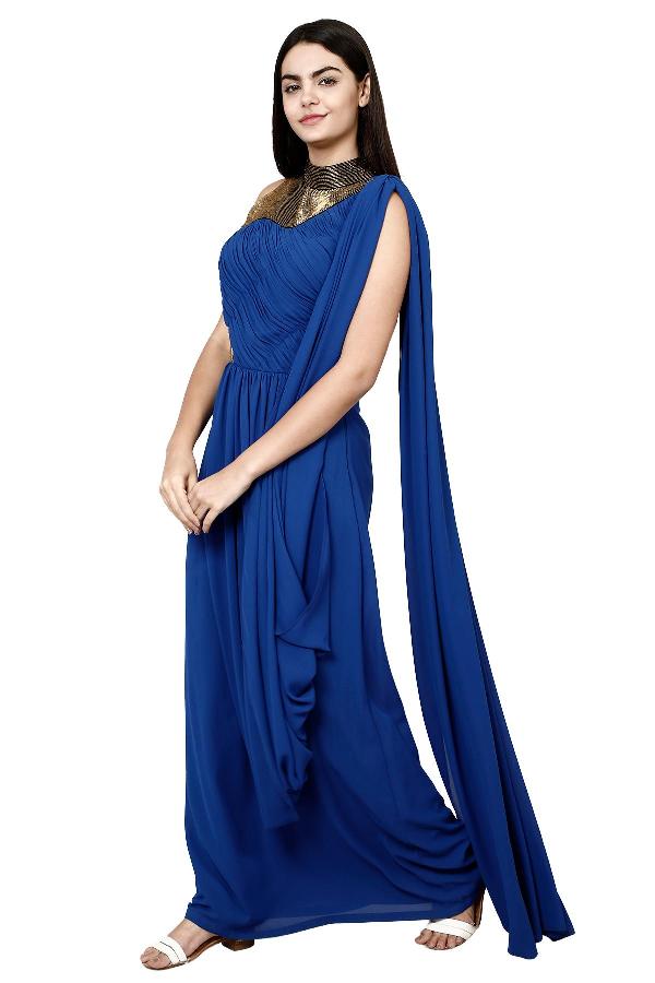 Blue Blue Drape Saree Gown by Liza Narula for rent online | FLYROBE