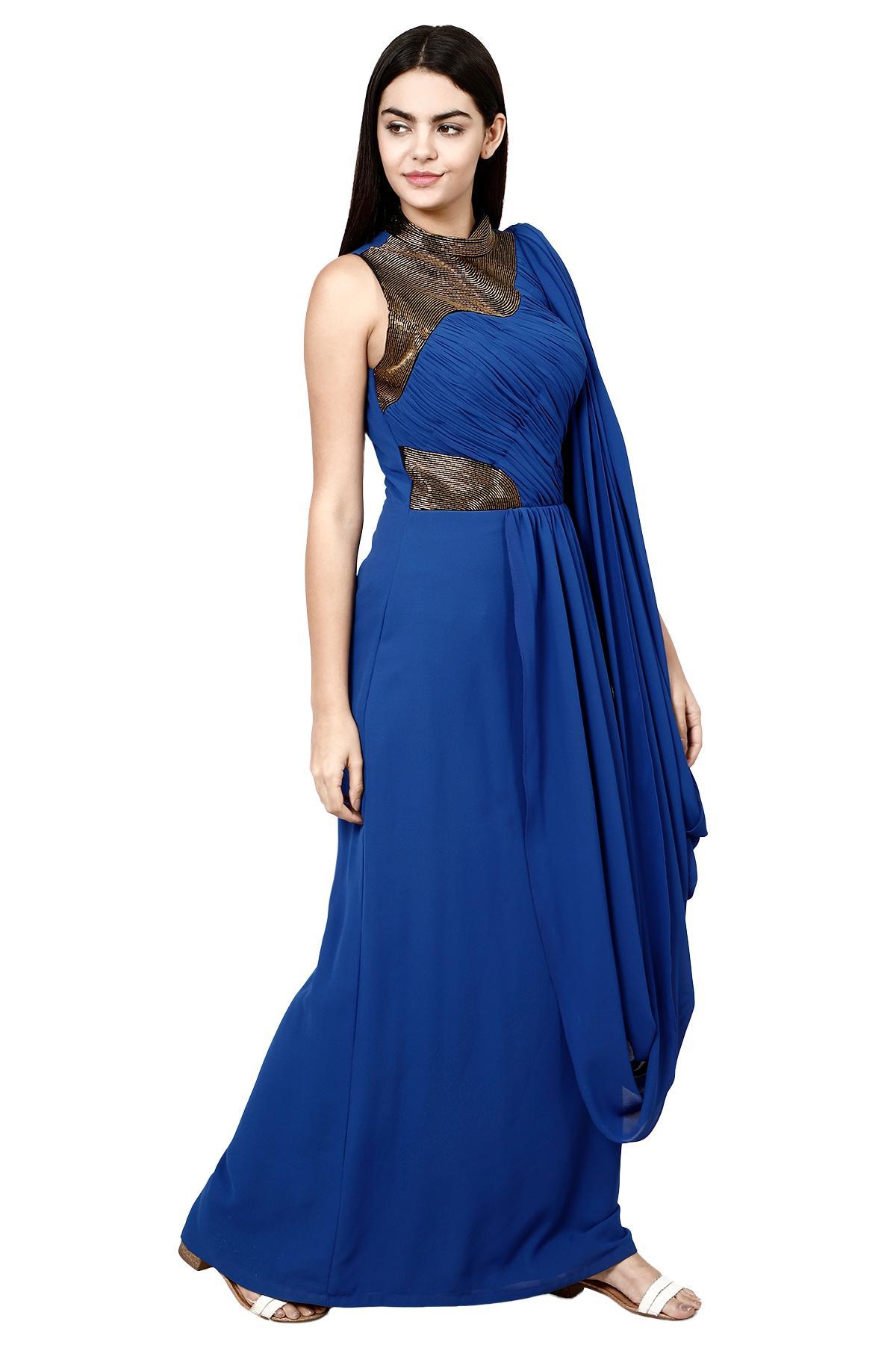 Blue Blue Drape Saree Gown by Liza Narula for rent online | FLYROBE