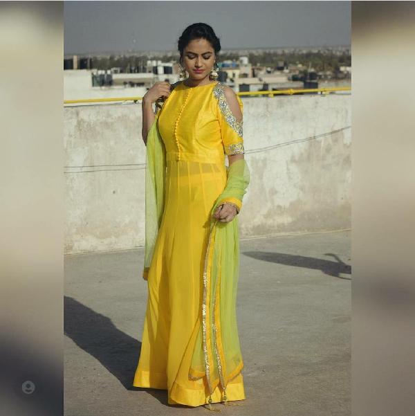 Yellow Yellow Cold-Shoulder Anarkali by 6Y COLLECTIVE for rent online ...