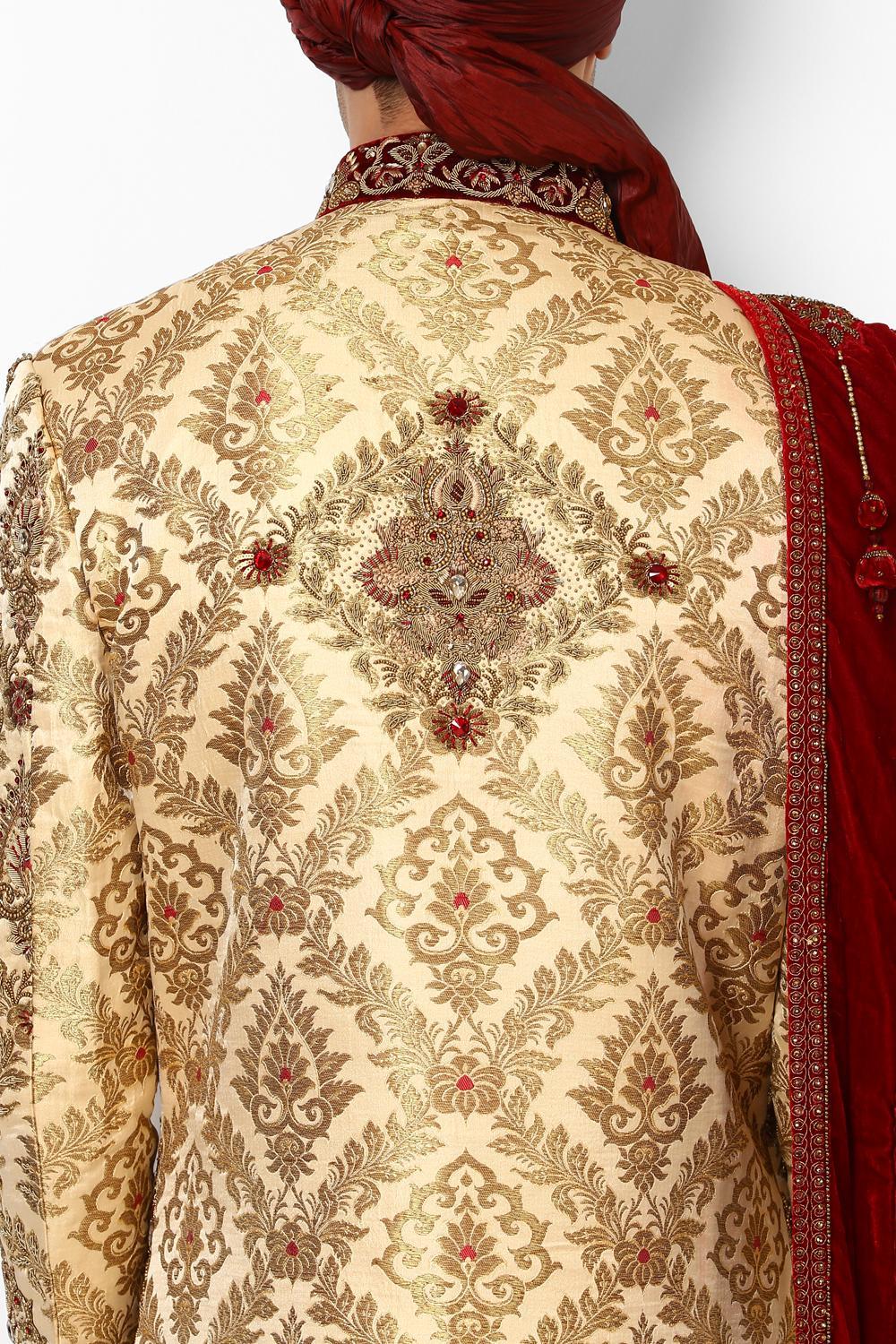 Gold & Maroon Pastel Peach Embroidered Sherwani With Churidar by ...