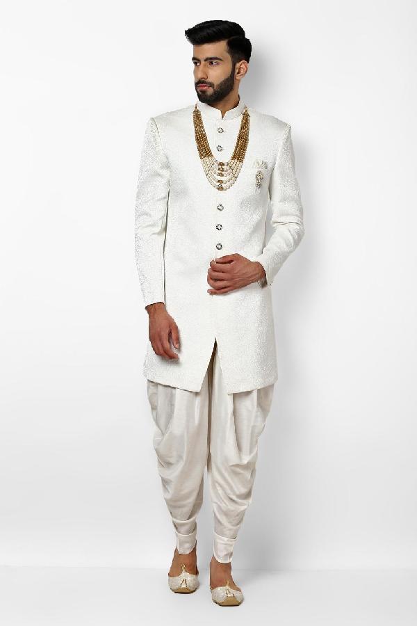 Ivory White Ivory White Textured Silk Sherwani With Peshawari by ...