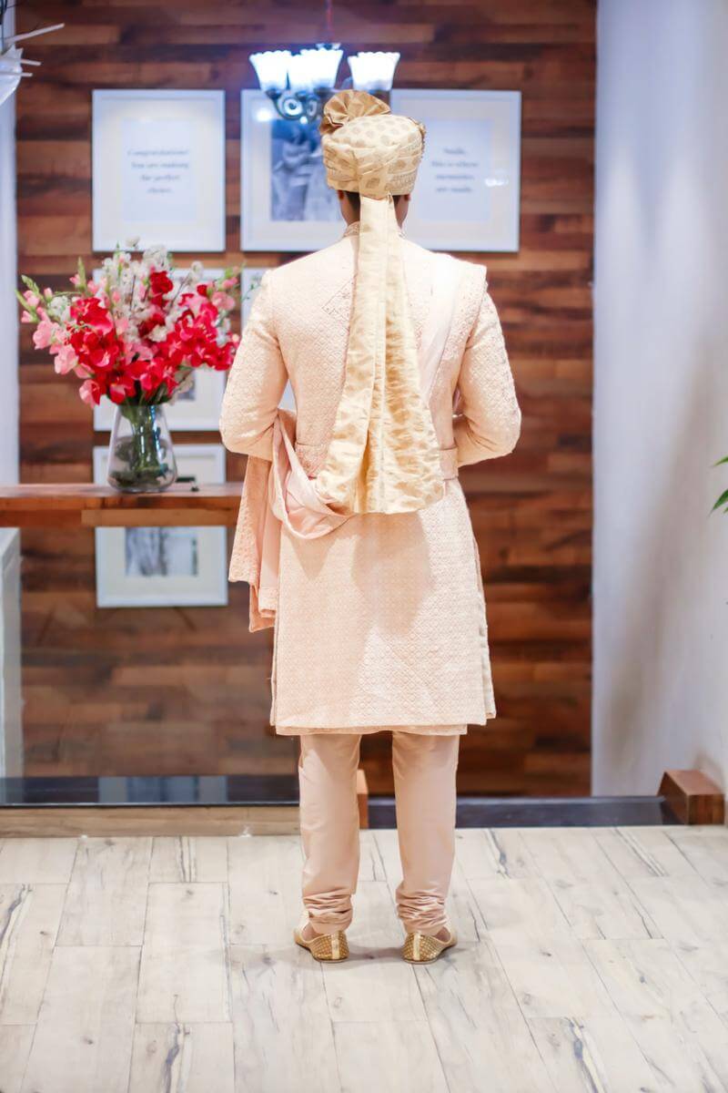 Peach Peach Embroidered Sherwani With Stole by Seema Mehta for rent ...